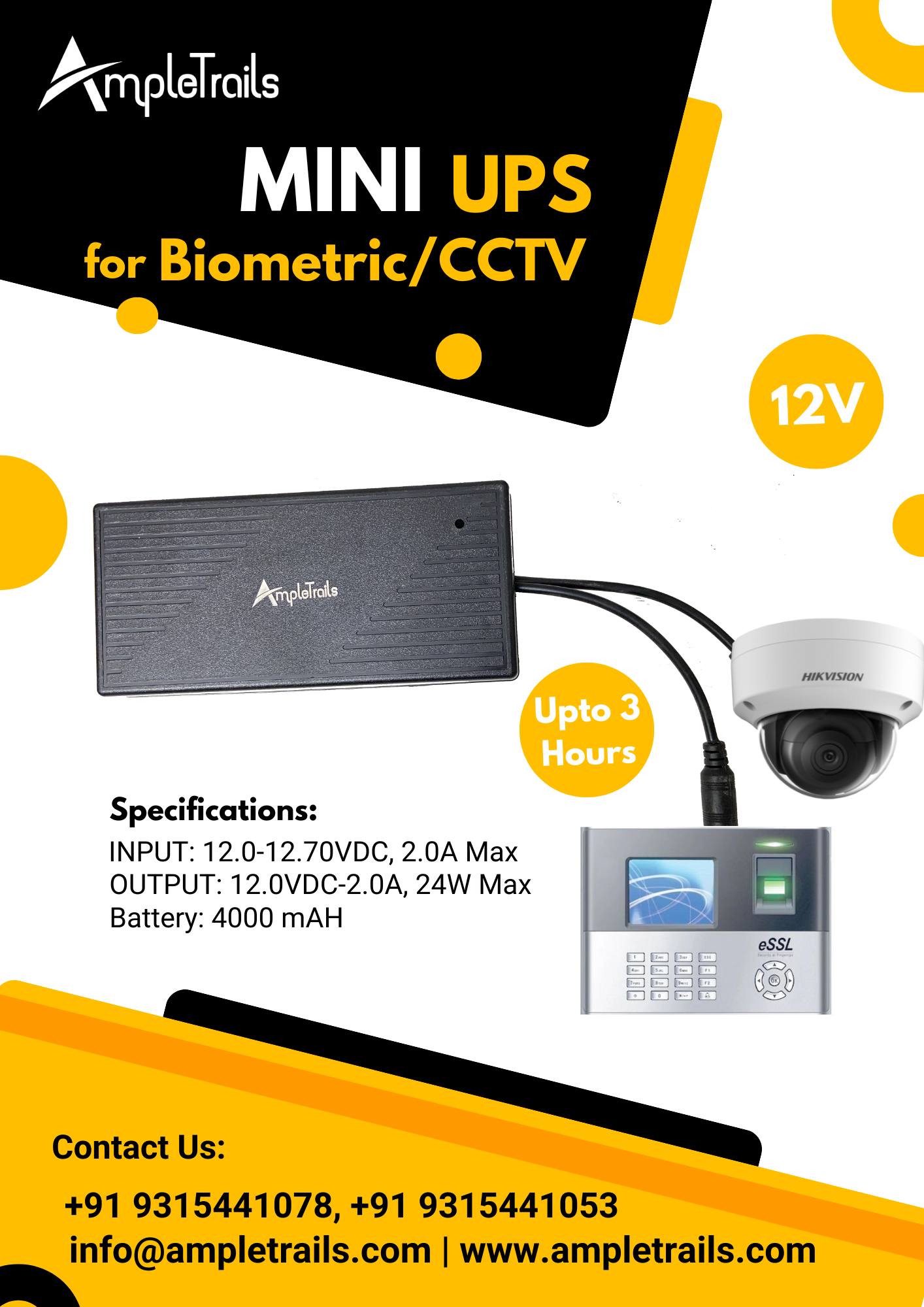 Mini UPS for Biometric Attendance Machine - Battery backup 12 Volt